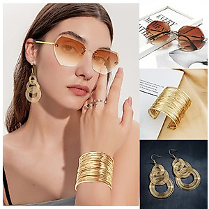 FIRAZIO 7 Pieces 70s Disco Accessories Costume Jewelry Set For Women Rimless Diamond Cutting Sunglasses Gold Cuff Bangle Bracelet Layered Choker Necklace Disco Earrings