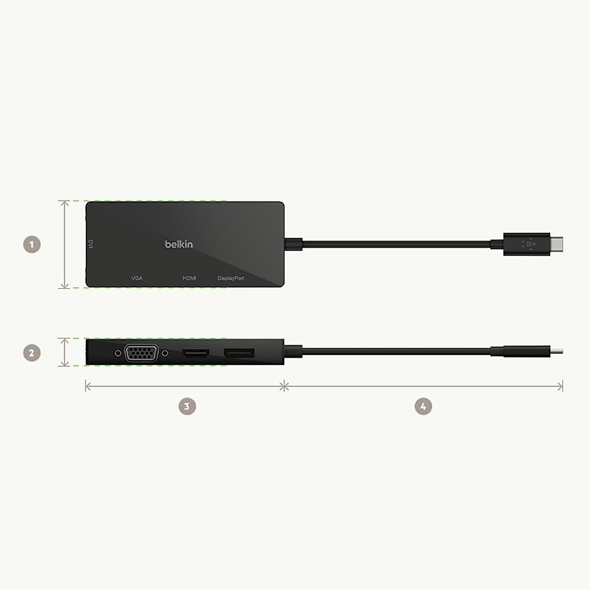 Belkin USB C Video Adapter, 4-in-1 MultiPort Adapter - USB C Video Adapter For MacBook Pro, MacBook Air, iPad Pro & Mac Mini - HDMI, VGA, DisplayPort, Or DVI Video Display W/ Tethered USB C Cable