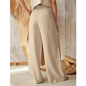 Mingzhu Womens Casual High Waist Cotton Linen Palazoo Pants Summer Wide Leg Trousers with Pockets(0610-Khaki-XL)