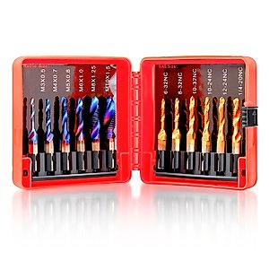 ColumPRO 12PCS Titanium Drill and Tap Combination Bits Set, 1/4” Hex Shank 3-in-1 Blue Coated Spiral Screw Tapping Multi-Function Bit for Drilling, Tapping and Countersinking (Metric&SAE)