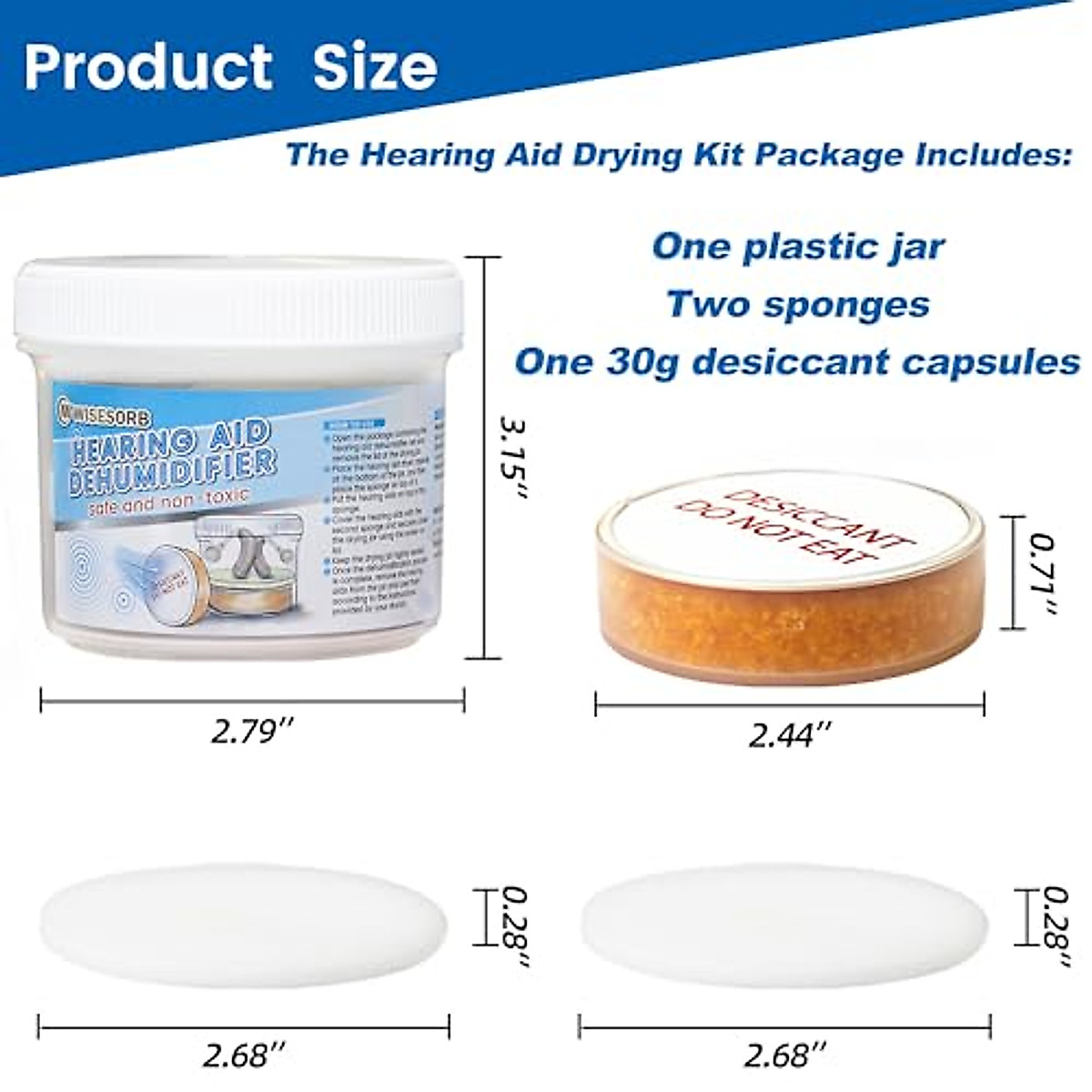 Wisesorb Hearing Aid Dryer, Hearing Aid Dehumidifier, Hearing Drying Jar and Dehumidifier Set (1 Container and 1pcs × 30g Capsules)