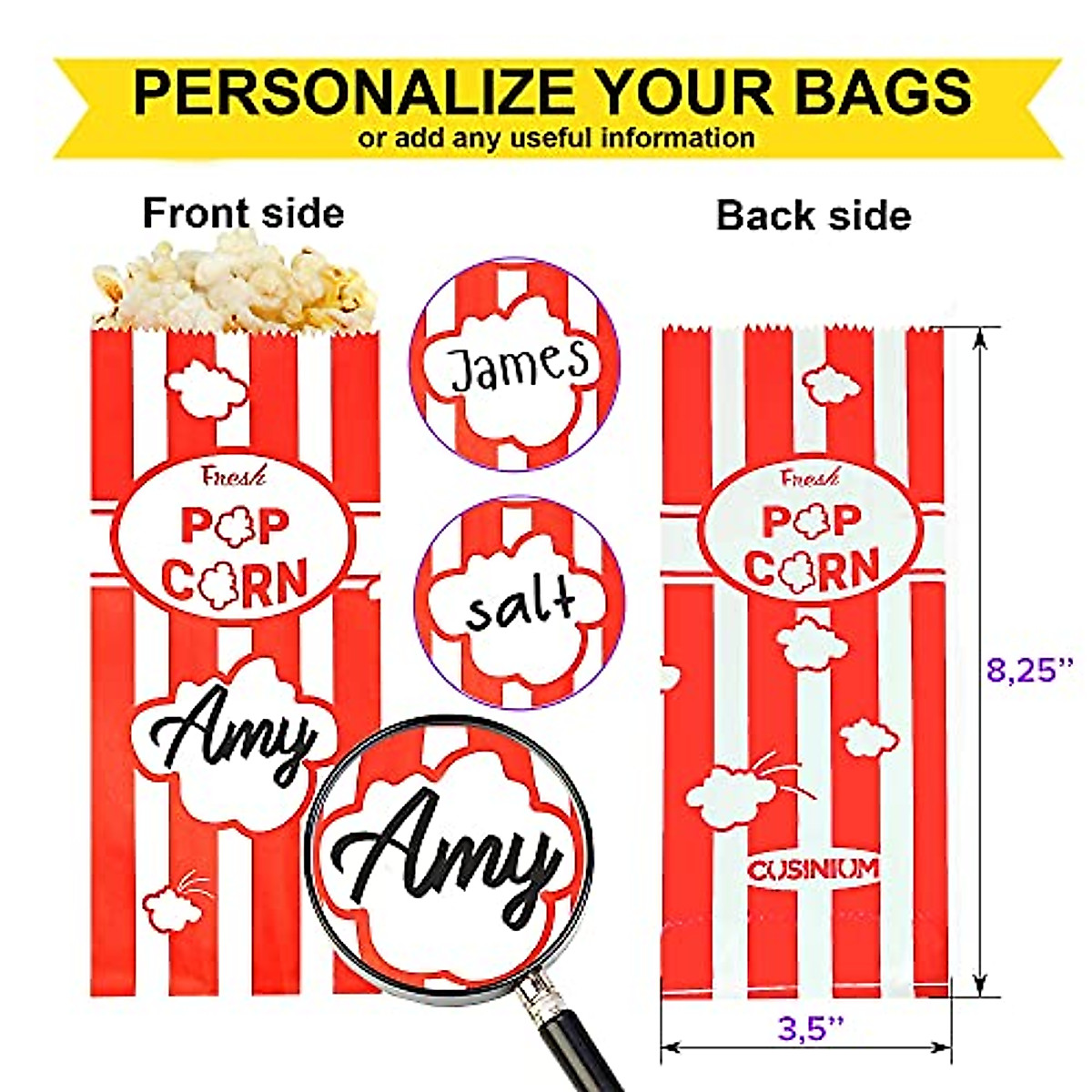 CUSINIUM 1oz Paper Popcorn Bags (150-pack) - Carnival Theme - Customizable