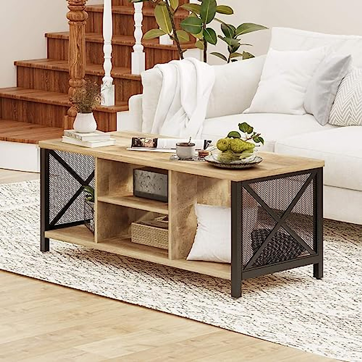 FATORRI Coffee Table for Living Room, Rustic Wood Center Table with Shelves, Farmhouse Rectangle Cocktail Tea Tables (Rustic Oak)