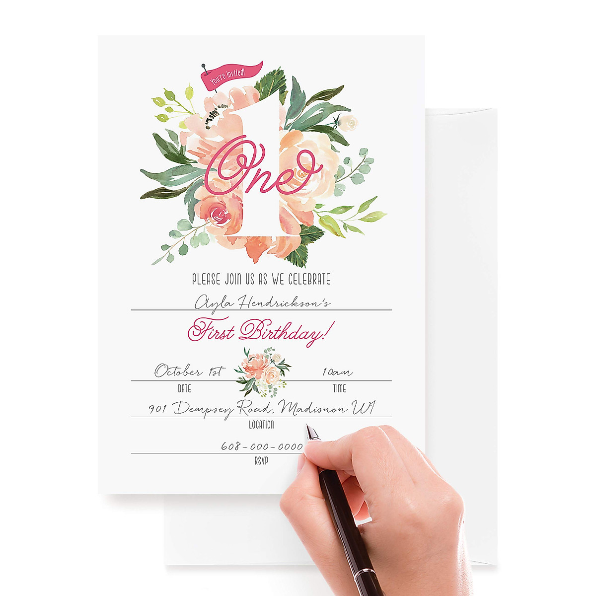 Bliss Collections Invitations with Envelopes for All Occasions, Invites Perfect for: Weddings, Bridal Showers, Engagement, Birthday Party or Special Event, Pack of 25 5x7 Cards - Pink Floral