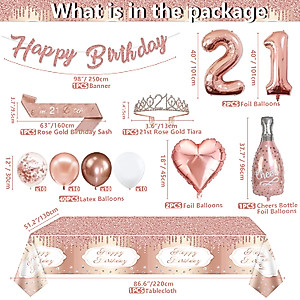 21st Birthday Decorations for Her - Rose Gold 21 Birthday Decorations, Rose Gold Banners, Balloons, Tablecloth, Fringe Curtain, Sash and Tiara for Women Girls Princess 21st Birthday Party Supplies