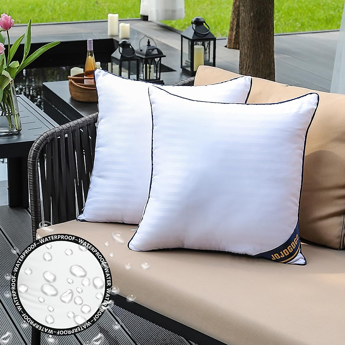 JOJOGOGO 18x18 Outdoor Throw Pillow Inserts Waterproof Set of 2, 18 x 18 Outdoor Patio Furniture Decorative Pillows, Outdoor Front Porch Decor White Chair Accent Pillows (with Deep Blue Piping)