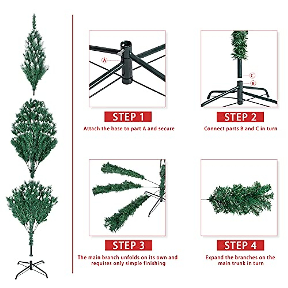 Artificial Christmas Tree Xmas Pine Tree, Automatic Open, Hinged Flocked with Metal Stand for Holiday Home Party Decoration(7.5FT, AUTO-Green)