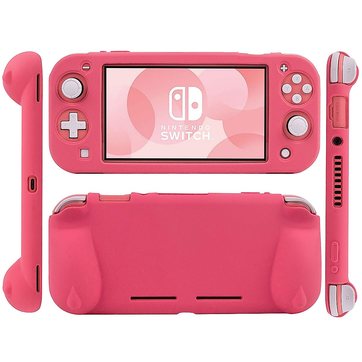 Silicone Protective Case for Nintendo Switch Lite, Soft Grip Case Cover with Comfort Ergonomic Handles for Nintendo Switch Lite 2019 [Self Stand][4 Thumb Stick Caps] (Silicone Grip-Pink)