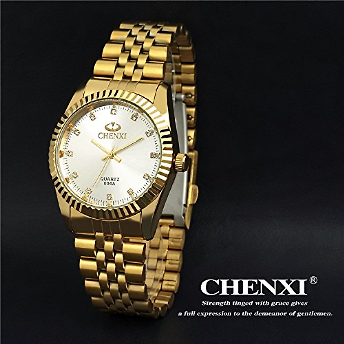 MASTOP Classic Design Golden Watch Stainless Steel Band Male Diamonds Quartz Wrist Watches for Man Gold