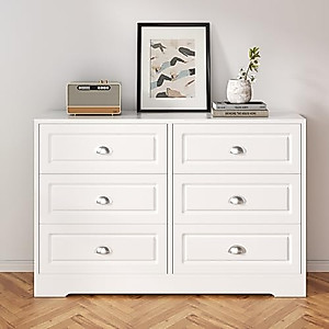 Shintenchi Dresser for Bedroom with 6 Drawers, White Double Dresser & Chest of Drawers Wooden Organizer with Metal Handle, Storage TV Stand for Living Room