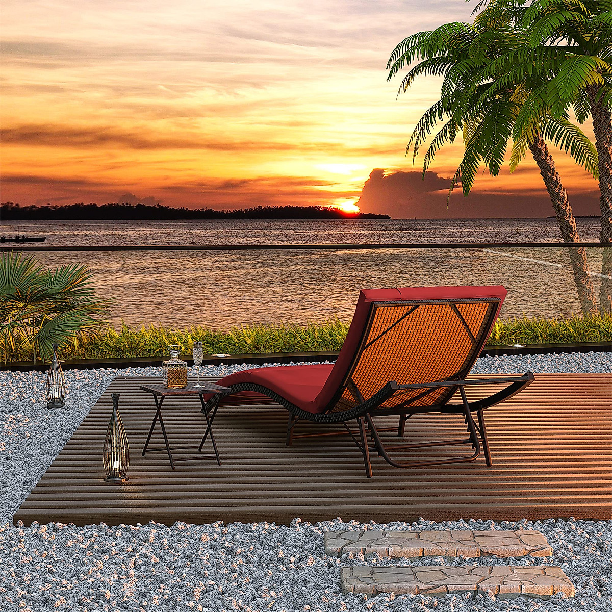 RTDTD 3 Pieces Patio Chaise Lounge Set Outdoor PE Rattan Lounge Chair Adjustable Backrest Reclining Chair with Folding Table and Cushion for Patio Poolside Backyard Porch Beach(Red)