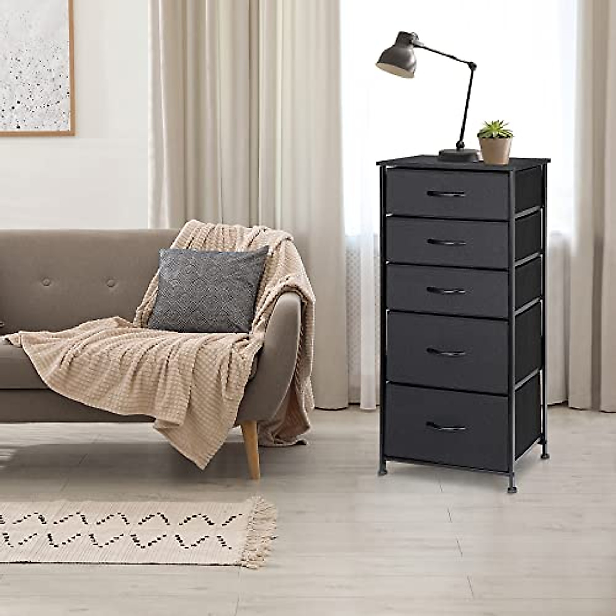 ZenStyle Fabric Dresser with 5 Drawers, Vertical Dresser Storage Tower, Storage Cabinet Organizer Unit for Bedroom, Living Room, Closet, Entryway, Hallway, Nursery Room, Black