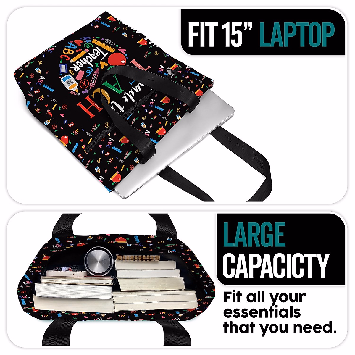 84hoods Large Tote Bag for Women Teacher. Aesthetic Shoulder Bag Gift for Teacher. Waterproof Work Grocery Bag 15 inch with Pockets and Zipper. Made to Teach.