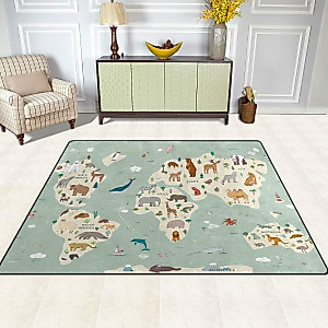 Vantaso Soft Foam Area Rugs World Map Animals Non Slip Play Mats for Kids Boys Girls Playing Room Living Room 80x58 inch