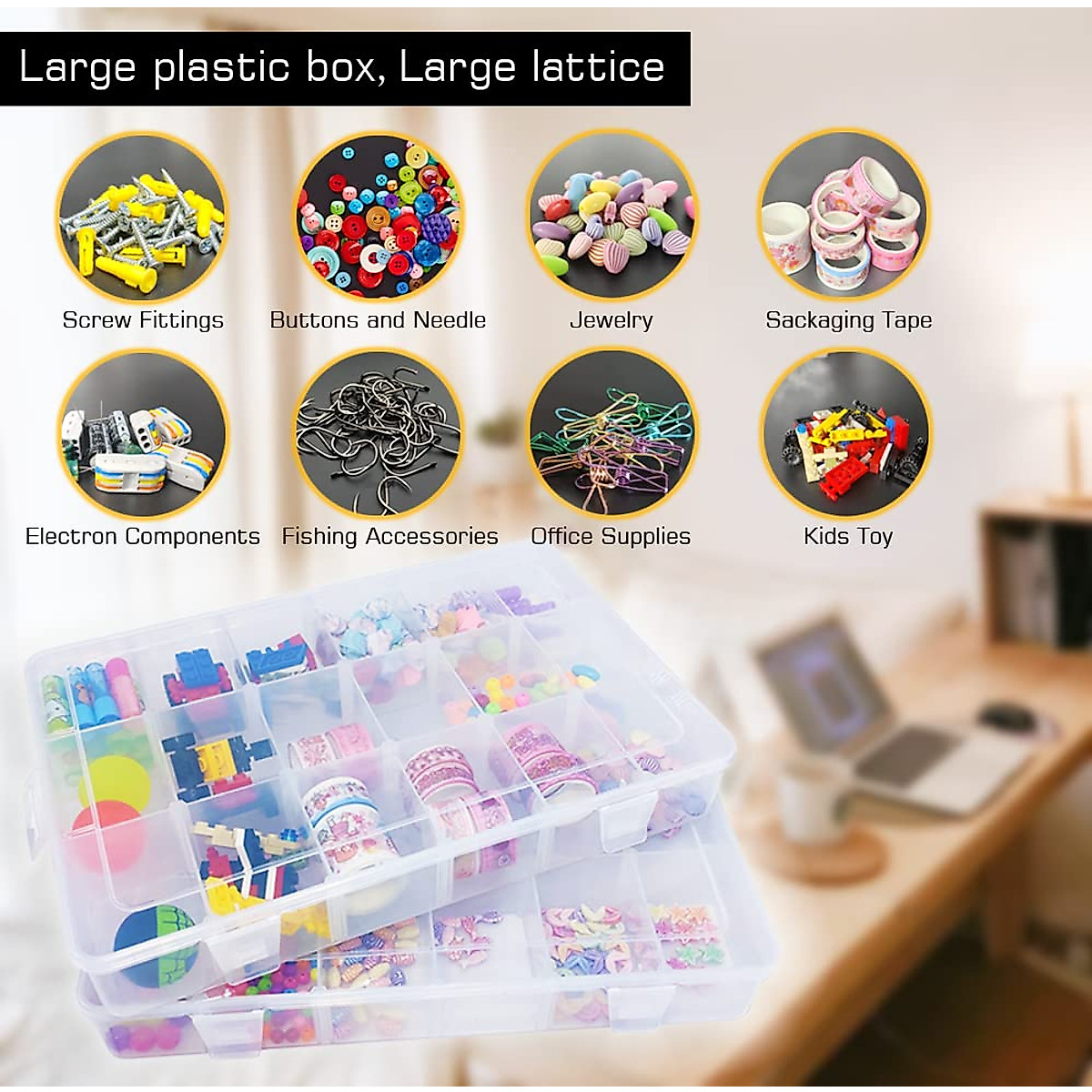 YUGOOD Large Clear Organizer Box,18 Grids Tackle Box Organizer with Removable Dividers for Fishing Hook,Bead Organizer Box,Plastic Storage Containers for Small Parts,Crafts (Size10.8 x 7.7 x 1.7in)