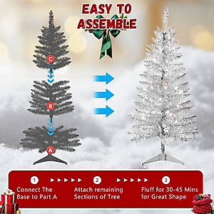 Liguanow 4ft Artificial Christmas Tree with Lights, Indoor & Outdoor Christmas Tree with 50 Warm White Lights, Xmas Pine Tree for Home Office Party Decor, Silver Tinsel