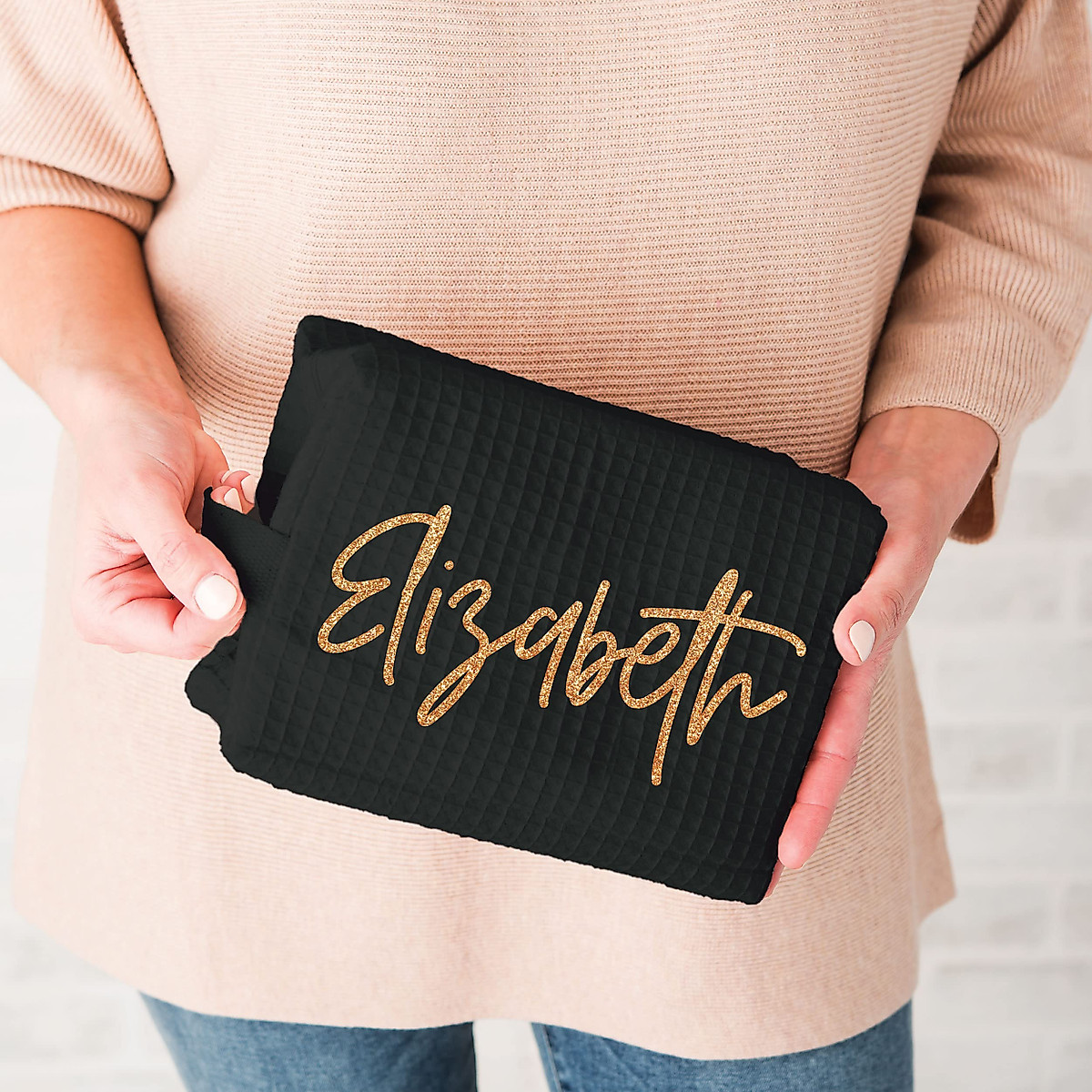 WEDDINGSTAR Women's Customizable Cotton Waffle Makeup Bag - Script Font Black