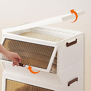 HOOBRO 60 QT Plastic Storage Bins with Lids, 4 Pack Folding Storage Cabinets with Doors and Wheels, Stackable Collapsible Storage Bins and Organizer, for Closet, Home, Dorm, White WG458CW01