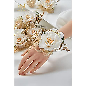 Meldel Champagne Prom Flower Wrist Corsage for Wedding, Set of 6, Rose Wrist Flower for Mother of Bride and Groom , Bride Bridesmaid Girl Women Party, Homecoming Ceremony Anniversary