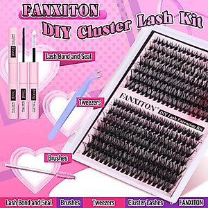 FANXITON DIY Lash Extension Kit - Volume Clusters 40D+50D D Curl Individual Lashes, Thick Eyelash Extension 280 pcs, Thin Band, Bond and Seal, Tweezers