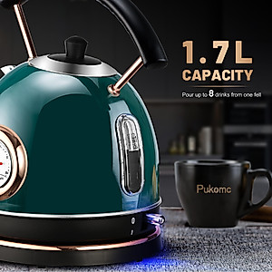 Pukomc 1.8L Electric Water Kettle with Temperature Gauge, Hot Water Boiler & Tea Heater with Curved Handle, Visible Water Level Line, Led Light, Auto Shut-Off&Boil-Dry Protection,Green