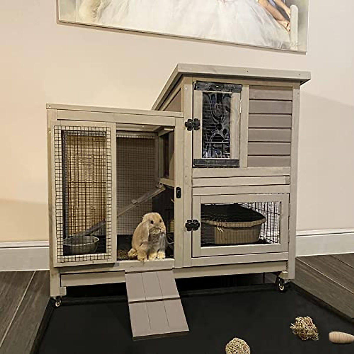 Rabbit Hutch Indoor Rabbit Cage, Large Bunny Hutch Outdoor with Wheels-Removable Wire Netting Include