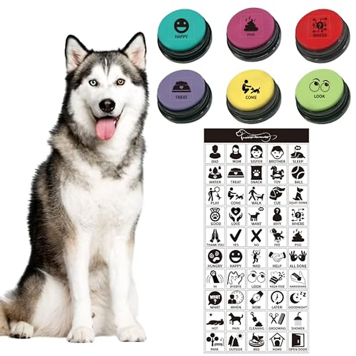 BOSKEY Set of 6 Dog Buttons, Dog Communication Button, Dog Talking Button, Recordable Button, Dog Touch Button, 50 Training Stickers to Teach Your Dog to Talk!(6 Pack)