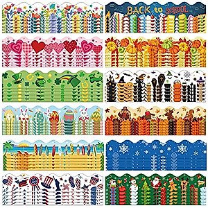 Geyee 360 Pcs Holiday Bulletin Board Borders Decorative Scalloped Border Trim Summer 4th of July Back to School Fall Halloween Christmas Bulletin Board Trim for Classroom School, 12 Design (Stylish)