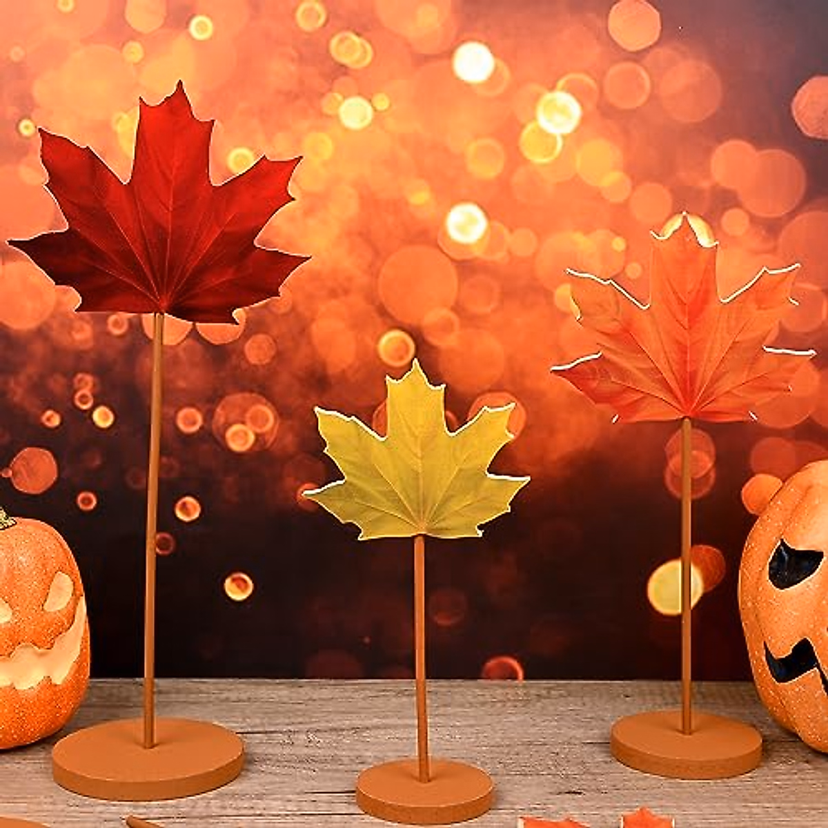 6 Pcs Fall Standing Decor for Tabletop Maple Leaves Wooden Table Sign Thanksgiving Centerpiece Rustic Block Set Wood Tiered Tray Decoration for Farmhouse Home Kitchen