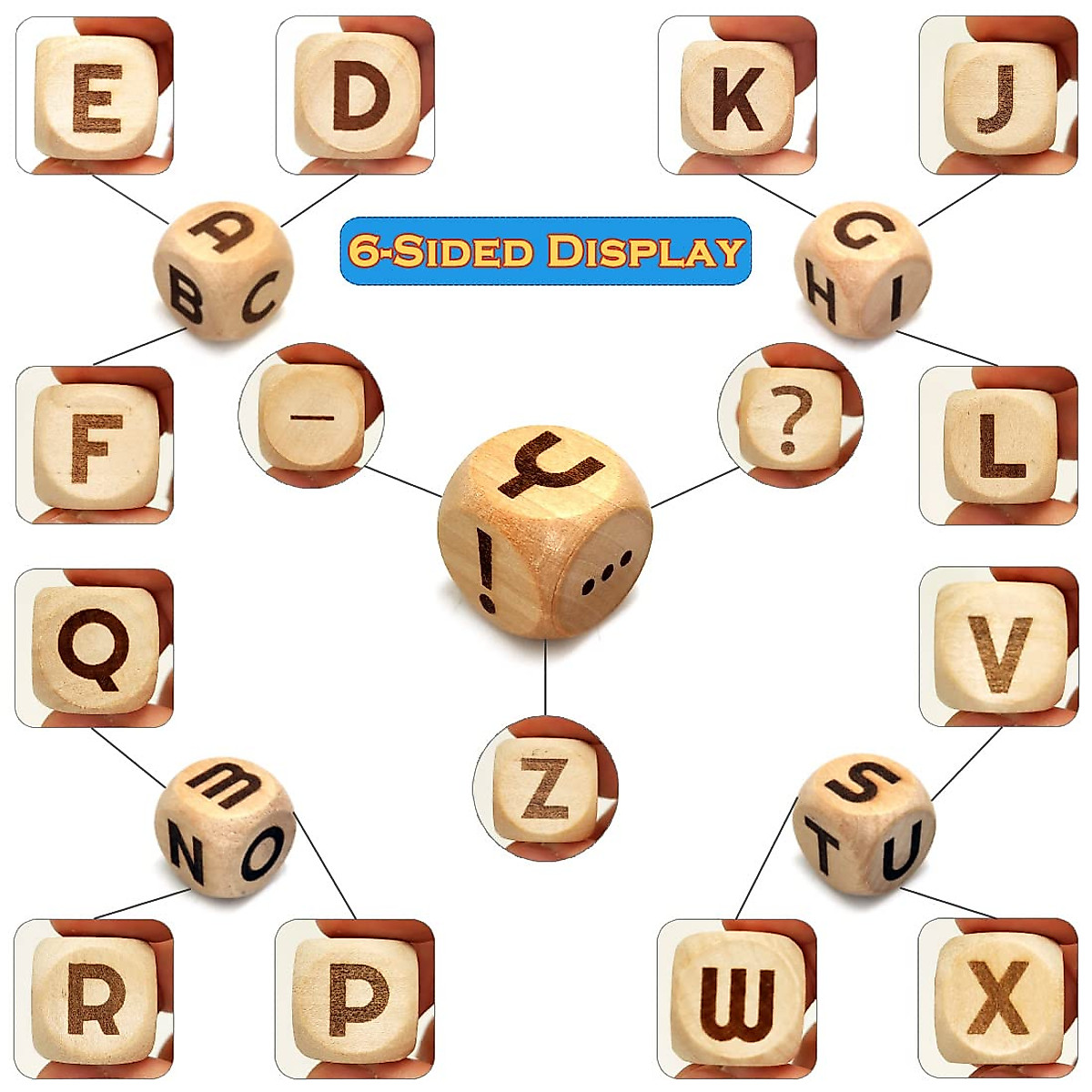 20MM Creative Wooden Letter Dice Set, 5 Pieces Laser Engraved A-Z Pattern Cube Rolling Dices for Party Game