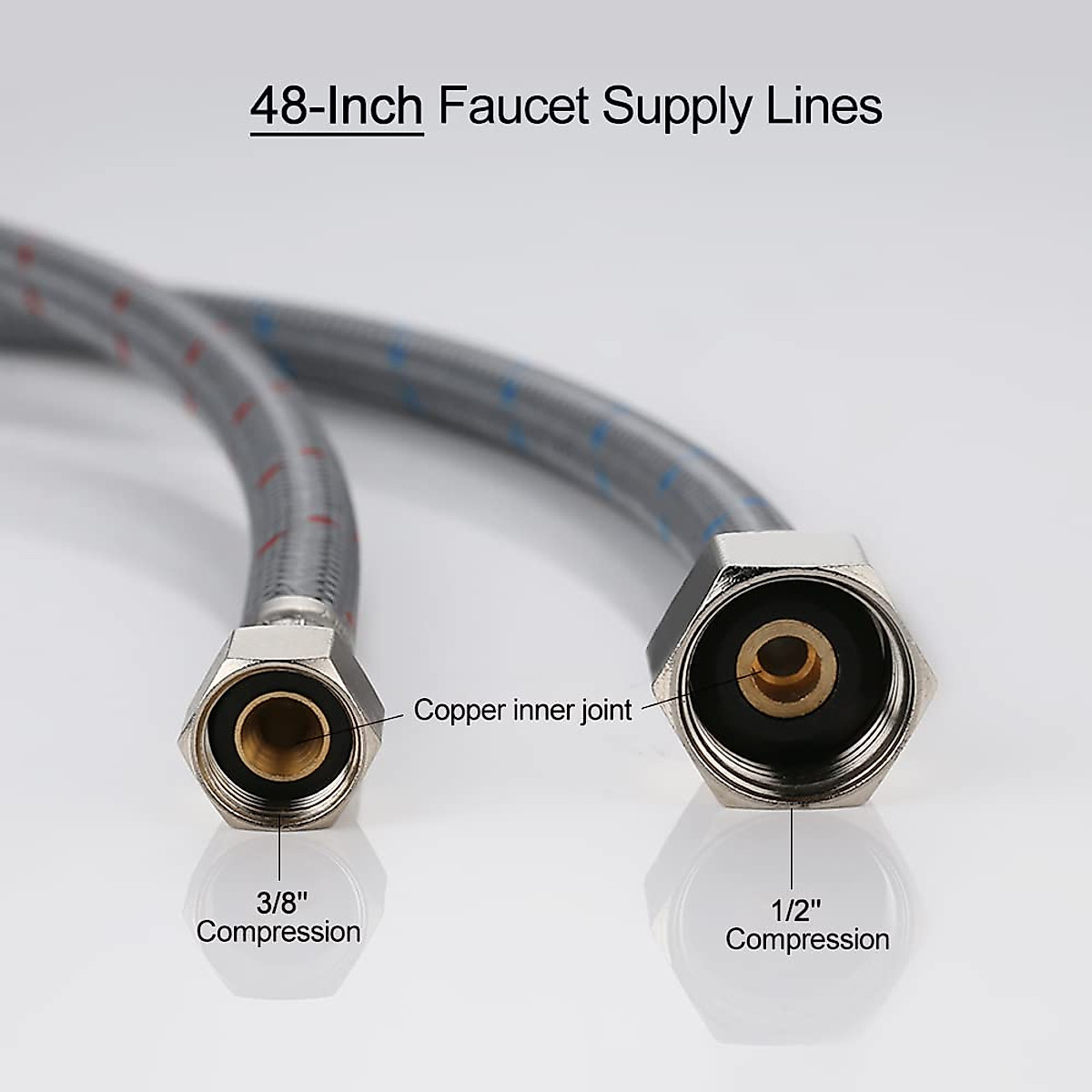 48" Length Faucet Supply Line, WOWOW Bathroom Kitchen Faucet Lines Braided Nylon Sink Hose with 3/8-Inch Female Compression Thread x 1/2" Comp 2Pcs (1 Pair)