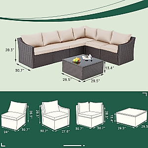 EROMMY 7 Pieces Outdoor Patio Furniture Set, Sectional PE Rattan Conversation Set, Sofa Set with Glass Table, Cushions and Pillows, Patio Sofa for Garden, Lawn, Balcony
