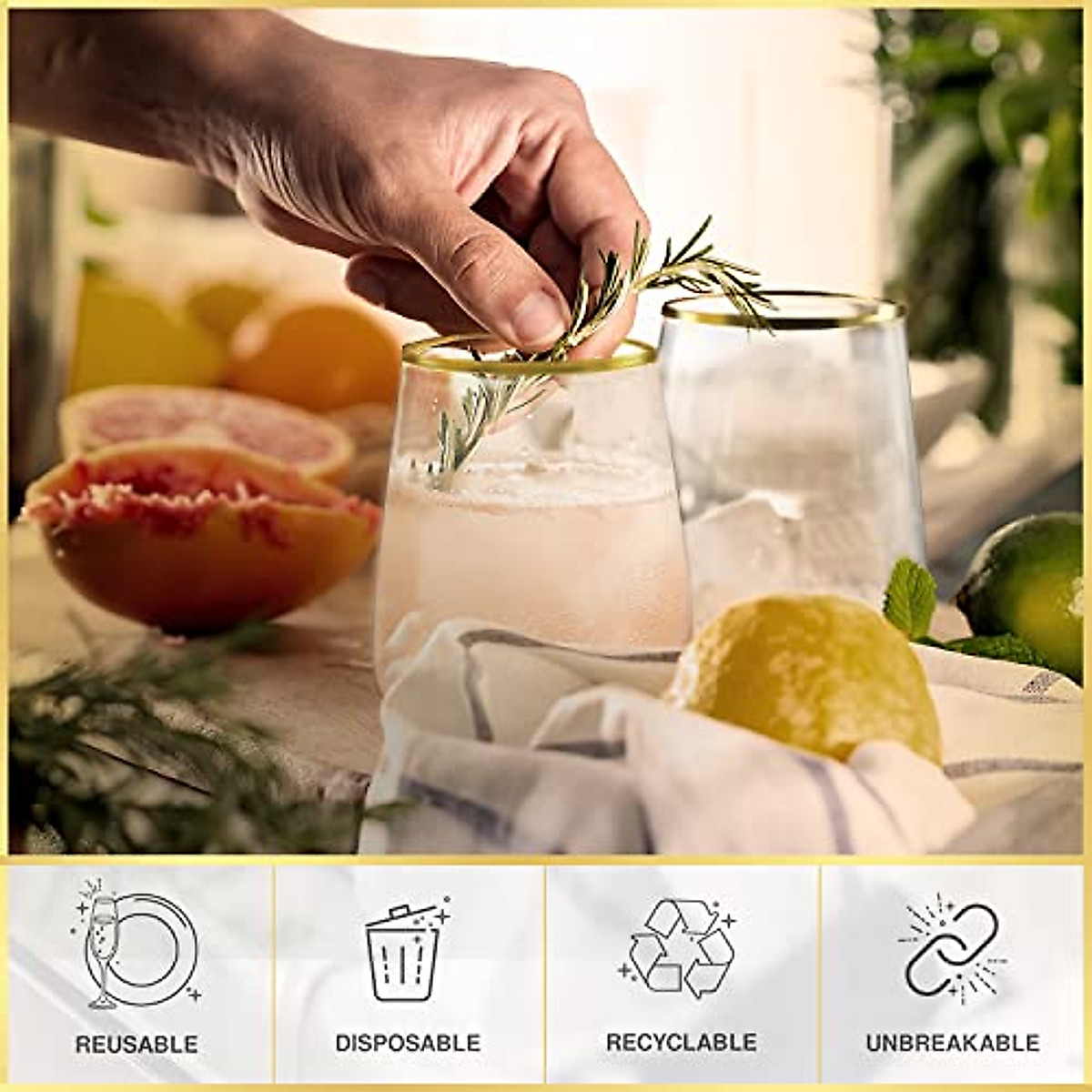 32 Pack Stemless Plastic Wine Glasses Disposable 12 Oz Gold Rim - Shatterproof Recyclable and BPA-Free, Stylish Drinkware for all Beverages, Cocktail Parties, Wedding Reception and Catered Events