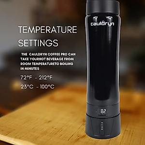 Cauldryn Coffee Temperature Control Travel Coffee Mug and Desktop Warmer, Smartphone via Bluetooth Control, Long Lasting Battery Powered Heated Portable Smart Mug, Stainless Steel, 16 oz, Black