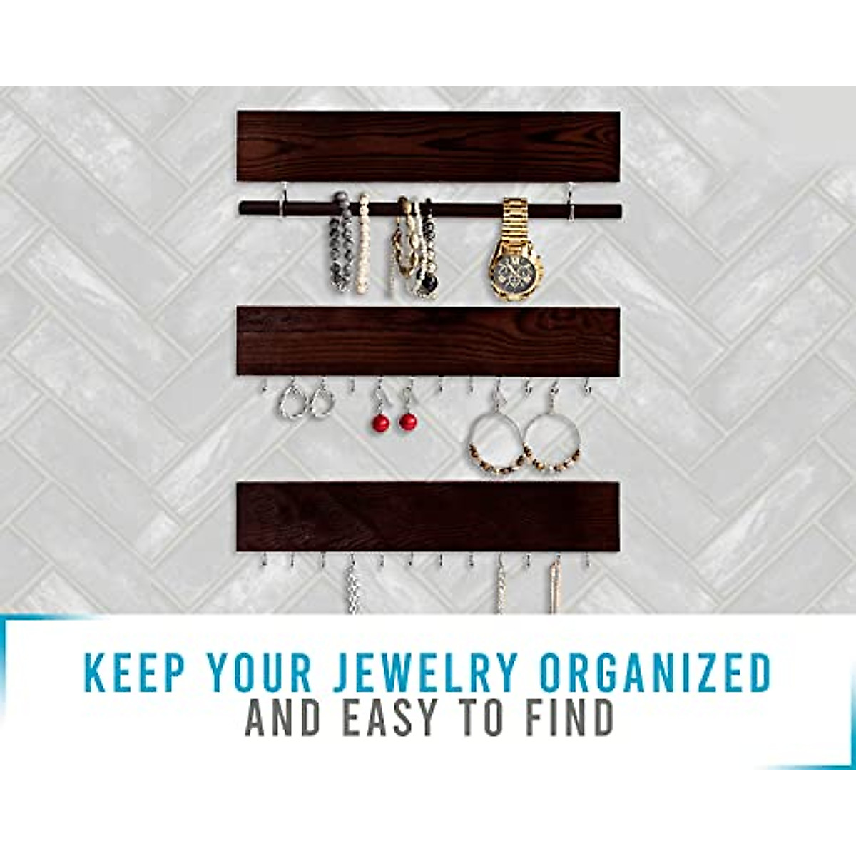 Comfify Rustic Jewelry Display Organizer for Wall – Wall Mounted Jewelry Holder Organizer with Removable Bracelet Rod and 24 Hooks – Perfect Earrings, Necklaces and Bracelets Holder – Dark Brown