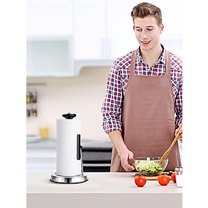 SMARTAKE Standing Paper Towel Holder, Rustproof Paper Towel Organizer with Tension Arm, Modern Toilet Paper Holder with Weighted Base, Roll Dispenser for Kitchen Countertop Home Dining Table, Silver