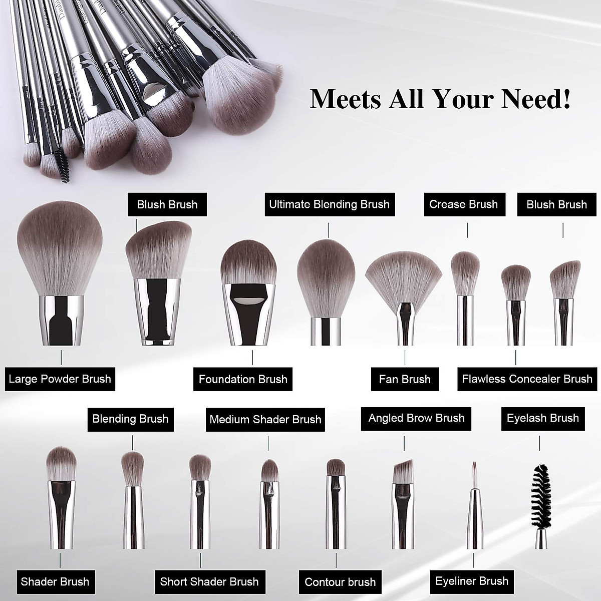 Makeup Brushes,Daubigny 16Pcs Silver Premium Synthetic Makeup Brush Set with Professional Foundation Brushes Powder Concealers Eye shadows Blush Makeup Brush for Perfect Makeup
