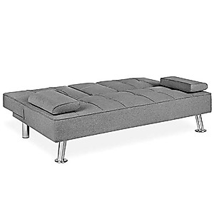 Grey Linen Upholstered Convertible Futon Sofa Bed With Cup Holder Couch Recliner Lounger Sleeper Home Living Room Bedroom Apartment Studio Modern Space Saving Furniture Décor Multifunctional Versatile