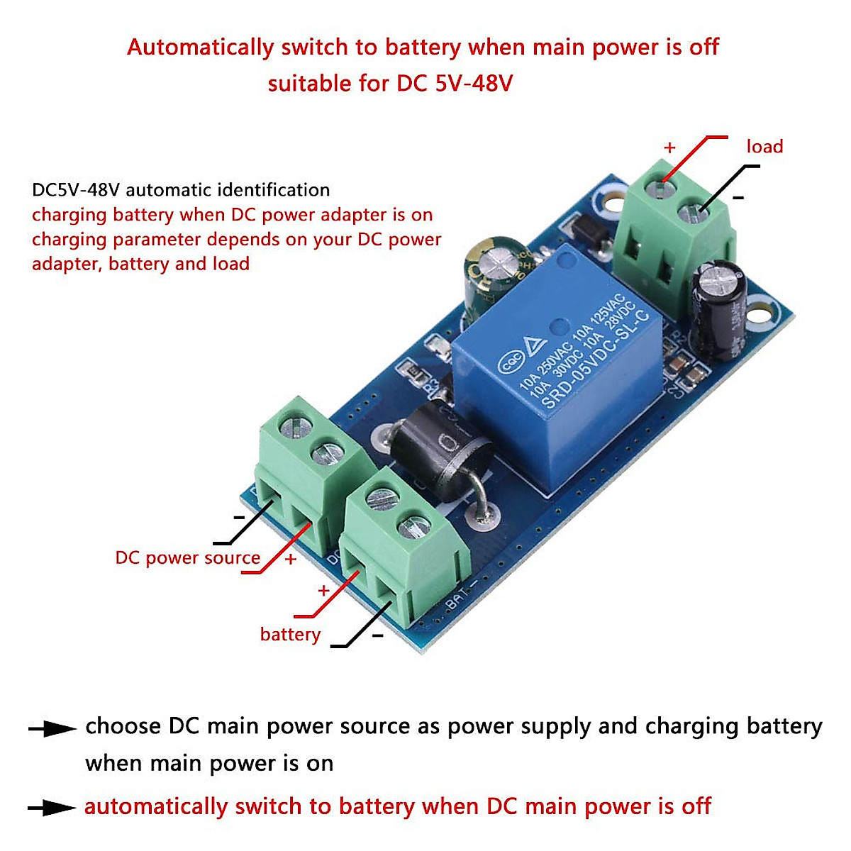 DC Backup Battery Switching Module, 5V~48V 10A Battery Charging Automatic Switch Adapter, Emergency Power Controller Module
