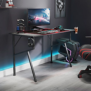 DESIGNA Gaming Desk 47'', K-Shaped Computer Desk, Office Desk Gamer Style with Mouse Pad, Cup Holder, Headphone Hook, Controller Stand, Easy to Assemble, Carbon Fiber Desktop, Black