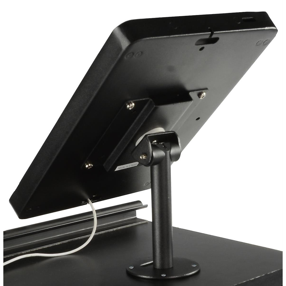 Displays2go Exhibit Tradeshow Counter with iPad Stand – Laminated MDF, Aluminum, Steel, Black Finish with Brown Wood Grain (CTR5IPDGBK)