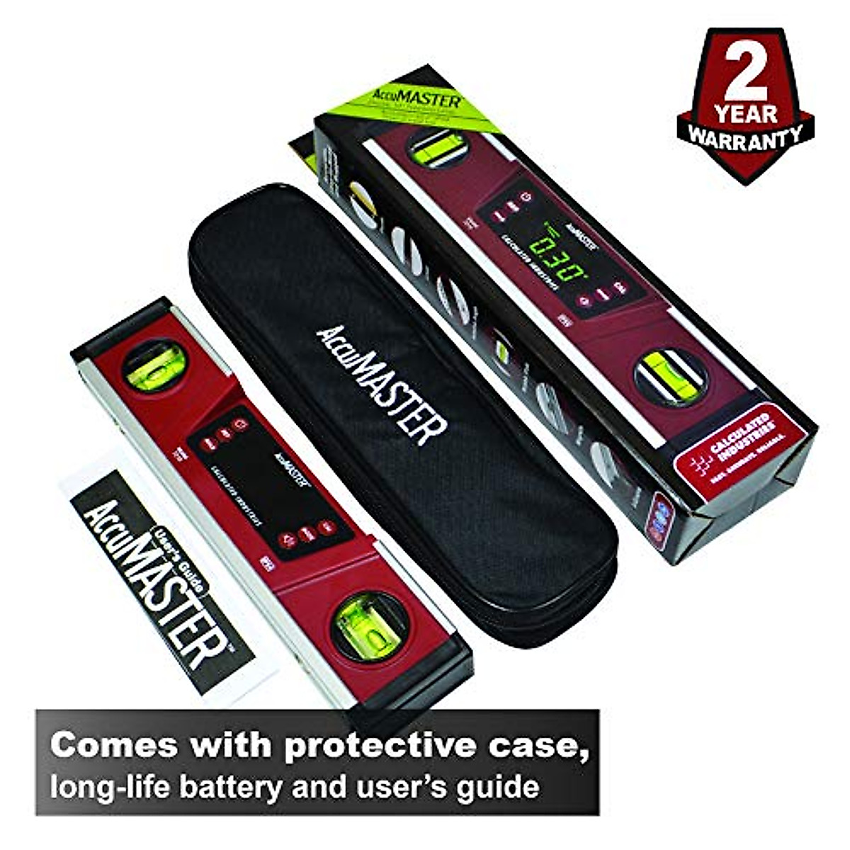 Calculated Industries 7210 AccuMASTER PRO Digital Torpedo Level and Protractor | 10” Inch | Neodymium Magnets | Bright LED Display | IP54 Dust/Water Resistant, Red
