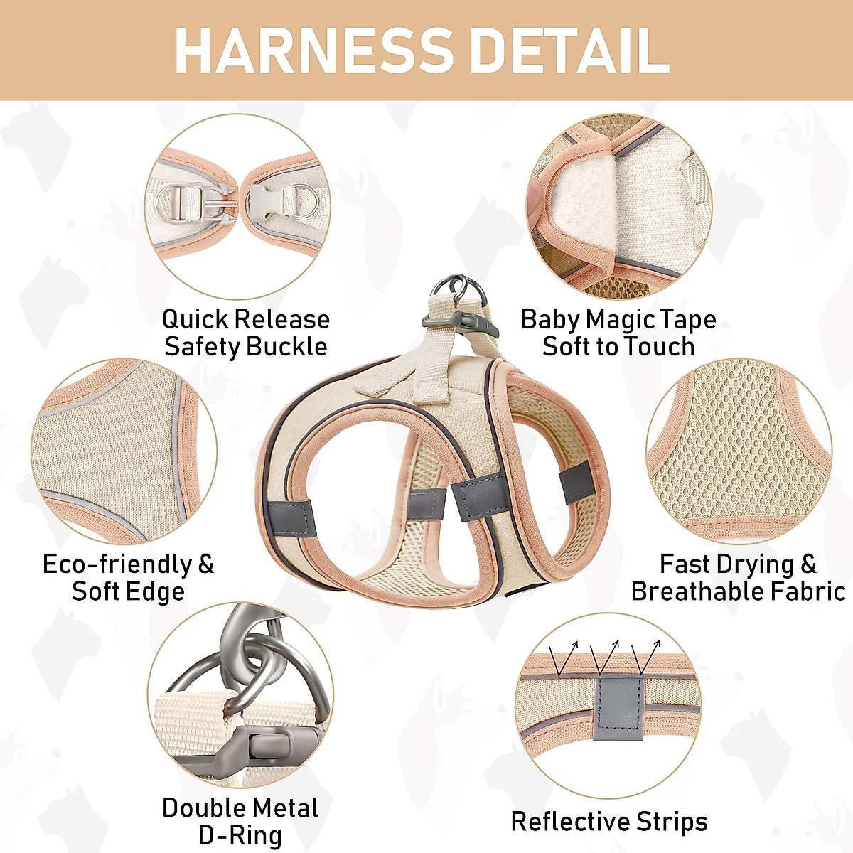 GAMUDA Small Pet Harness Collar and Leash Set, Step in No Chock No Pull Linen Fabric Soft Mesh Dog Vest Harnesses Reflective for Dogs Puppy Cats Kitten Rabbit (Khaki, S)