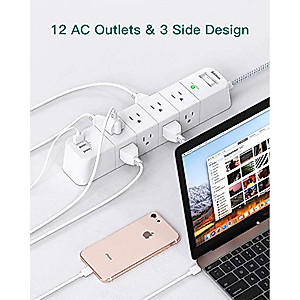 Surge Protector Power Strip - Addtam 10 Ft Long Extension Cord with 12 Outlets(3-Side) and 3 USB Ports, Flat Plug Overload Surge Protection Outlet Strip, Wall Mountable for Home, Office and Dorm