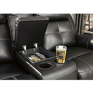 Signature Design by Ashley Kempten Faux Leather Manual Reclining Sofa with High Back, Center Console and Blue LED Lighting, Black