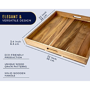 Extra Large (22") Square Premium Acacia Wood Ottoman Tray with Handles - Use for Serving Food in Style for Dinner, Breakfast, Snacks, BBQ, Entertaining Guests & More