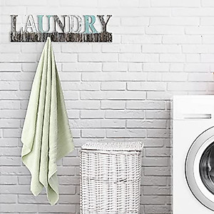 MyGift Wall Mounted Solid Torched Wood Towel Hook Rack for Laundry Room with 6 Dual Hooks, Clothes Hanger Hooks with Multicolored Cutout Laundry Letters