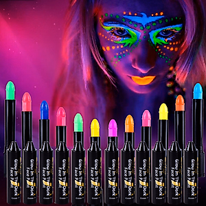 12 Color Glow in The Black Light Face & Body Paint,UV Neon Glow Fluorescent Face Paint Crayons for Halloween Club Makeup Xmas Glow Party