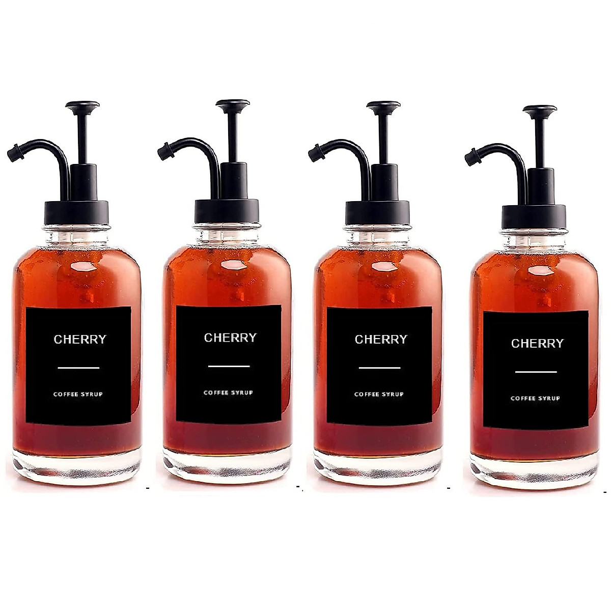 MSTCMZP Coffee Bar Accessories 4 Pack Coffee Syrup Dispenser for Coffee Bar,500ML Glass Coffee Syrup Pump Dispenser,Coffee Syrup Bottles with Labels (4pc black)