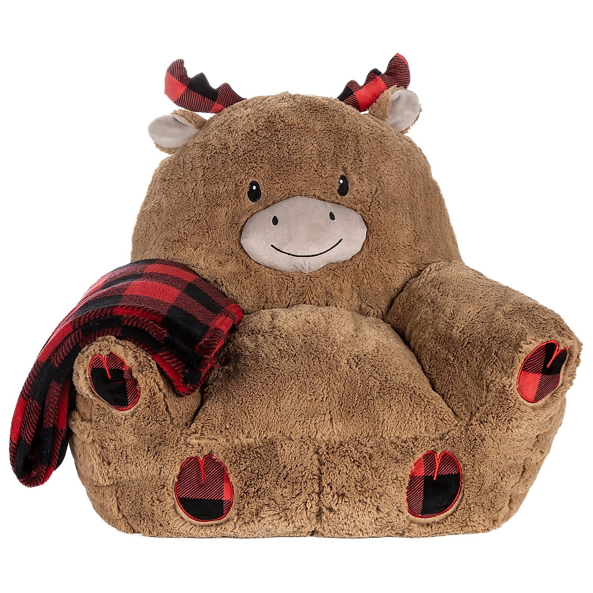 Cuddo Buddies Toddler Plush Buffalo Check Moose Character Chair and Blanket, Toddler-Sized Companion for Reading, Relaxing and Snuggling